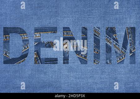 Recycle word from denim jean patch. Ripped denim fabric with fringe ...