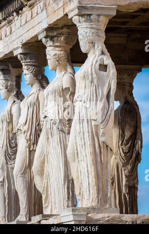 The Caryatides, female statues in the Acropolis of Athens, Greece Stock ...
