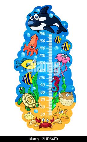 Kids height chart, underwater cartoon sea animals, vector growth ...