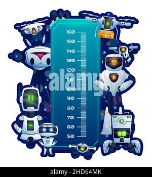 Kids height chart with cartoon robots, androids and cyborgs. Growth ...