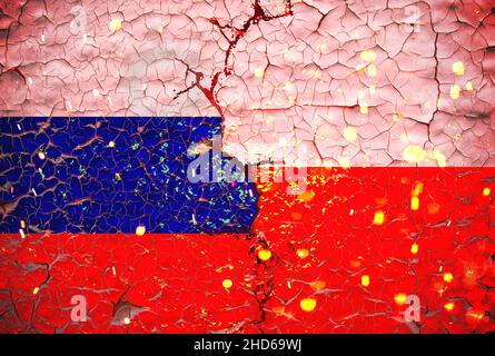 The flags of Russia and Poland isolated on a blue background - concept ...