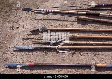 Different type of spears and javelins from ancient times. Replicas of ...