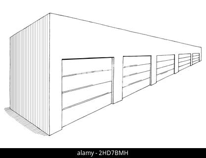Warehouse exterior storage building front view graphic black white ...