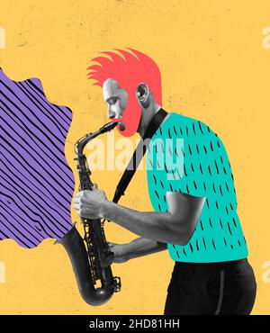 Contemporary art collage. Trumpet with vibrant pink disco ball, merging ...