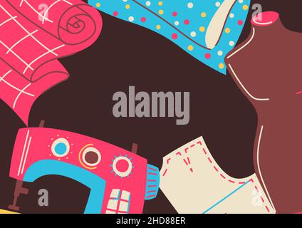 Background with needlework sewing items. Handicraft and hand made. Feminine creativity hobby and ...