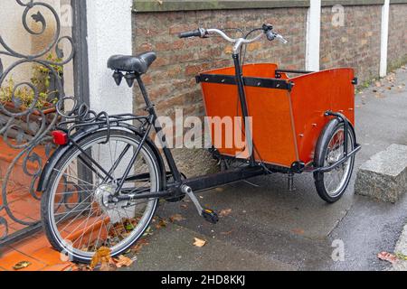 Cargo Bicycle With Big Wooden Bucket Parked in Front of House Stock ...