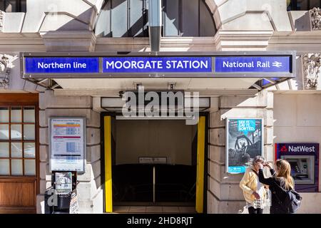 Moorgate London Underground station entrance with sign above Stock ...