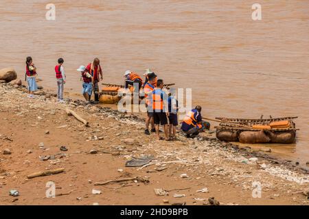 Sheepskin raft by the Yellow River in Lanzhou Gansu China Stock Photo ...