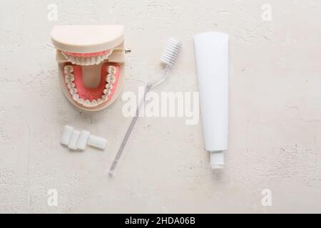 Tube with tooth paste, brush, chewing gums and model of jaw on light ...