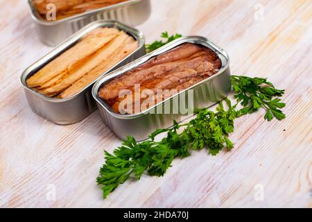 Canned seafood, melva fish fillets preserved in oi Stock Photo - Alamy