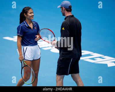 Emma Raducanu (right) with tennis coach Nick Cavaday during a practice ...