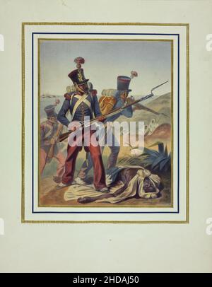 Vintage color lithograph of French army. Infantry. 1870 Drum Major ...