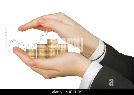 Hand mit Euromuenzen, Dividende, Aktien, Aktienkurse, Boerse Stock Photo - Alamy