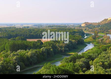 Aerial view of Morava river near Devin castle, Bratislava, Slovakia ...