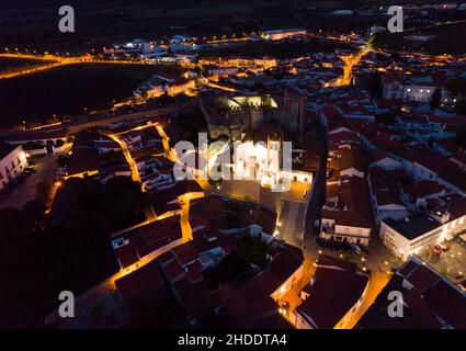 Aerial view of Sepra with Castle and Clock Tower at night Stock Photo ...