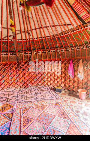 Interior view of a traditional nomadic tent set up in the Sahara Desert ...