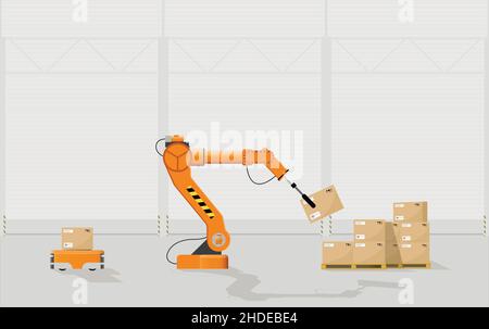 The robot arm picks up the box from the robotic trolley and stacks it ...