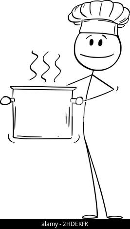 Cook or Chef Holding Big Pot of Boiling Food or Water, Vector Cartoon ...