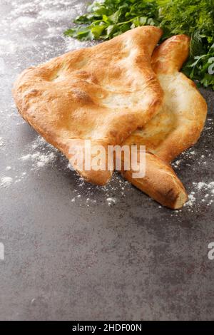 Close-up of Georgian Shoti bread baked in a traditional brick oven torn ...
