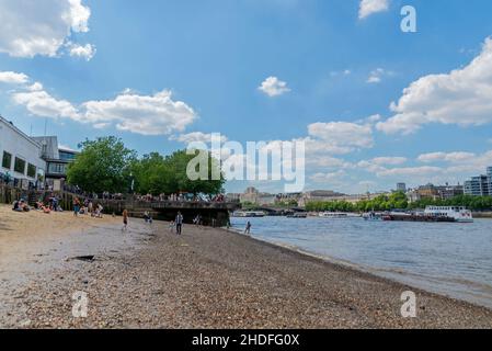 Southbank urban beach and view of Waterloo Bridge, London Stock Photo ...