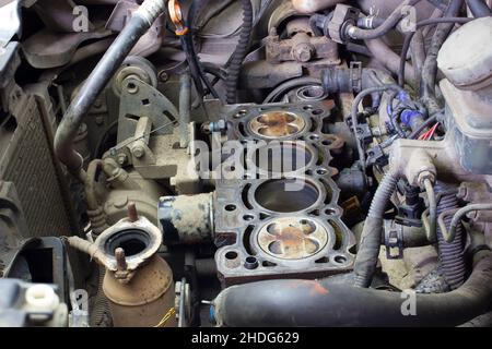 Car engine without cylinder head. Repair of the internal combustion ...