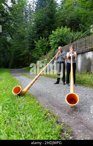 Alpine horn players, traditional costume, winter, snow, mountains ...