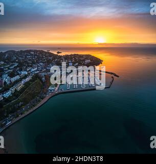 Panorama Torquay Marina from a drone in sunrise time, Torbay, Devon ...