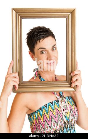 Woman with picture frames on white Stock Photo - Alamy