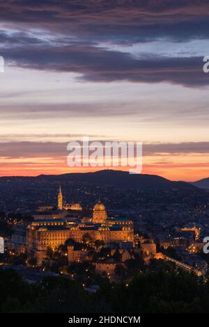 Aerial view of Budapest and illuminated landmarks at sunset Stock Photo ...