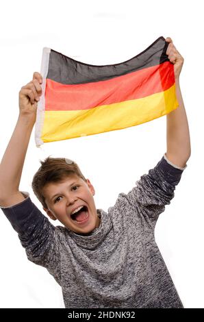 White guy holding a flag of Germany and shows two fingers isolated on a ...