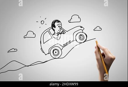 Pencil drawing. Car on the road against the background of an urban ...