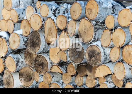 Wall of wooden chocks, firewood stacked together, old chopped brown and ...