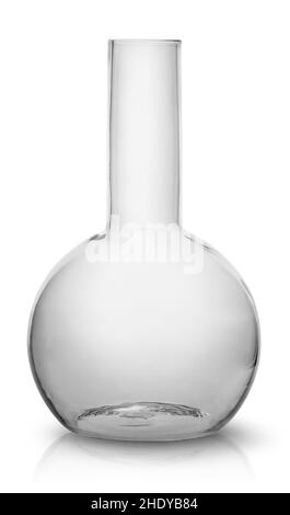 A vertical shot of transparent laboratory flasks, beakers, and tubes ...