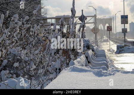 Brooklyn Bridge is seen during the first snow of the season in New York ...