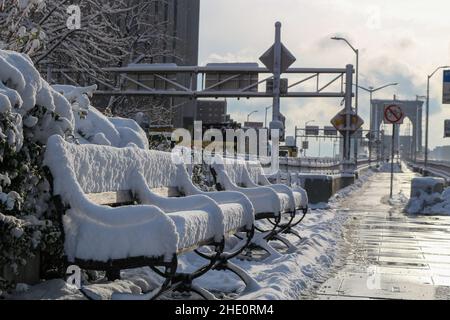 Brooklyn Bridge is seen during the first snow of the season in New York ...
