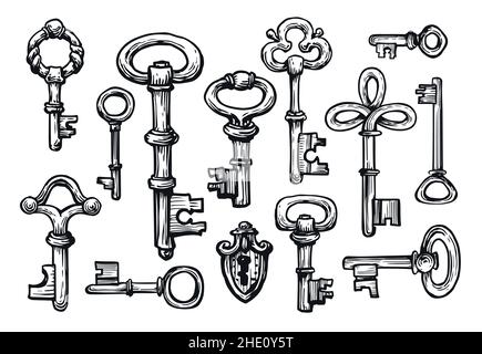Antique keys set. Hand drawn medieval vector illustrations of old ...