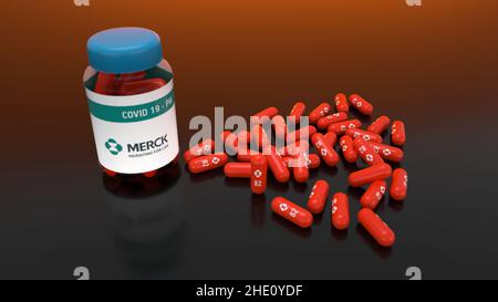 Red Merck pills of Covid-19 scattered on the mirror surface Stock Photo ...