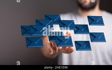 Male's hand pointing to an illustration of email inbox signs Stock ...