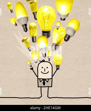 Set of light bulbs hand drawn on a yellow background. Concept of unique ...