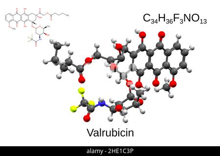 Valrubicin bladder cancer drug molecule. Atoms are represented as ...