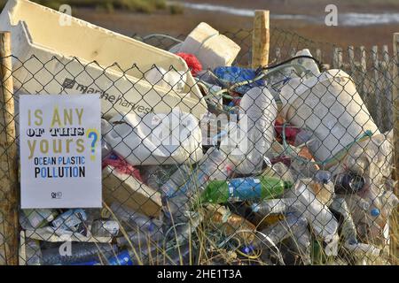 Bin with collected plastic rubbish, Ria Formosa Nature Reserve, Olhao ...