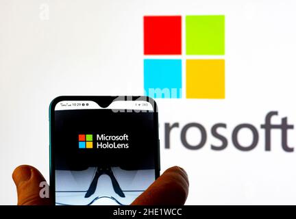 In this photo illustration Microsoft HoloLens logo seen displayed on a ...