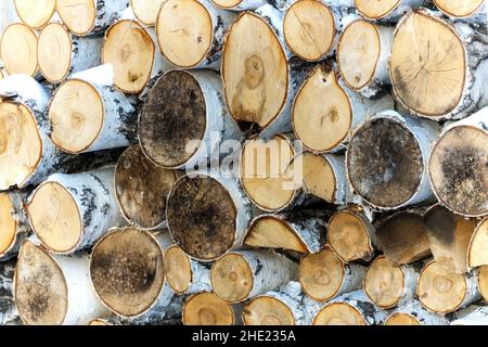 Wall of wooden chocks, firewood stacked together, old chopped brown and ...