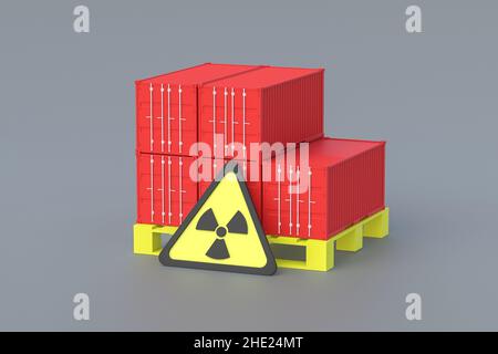 Freight container on pallet near sign of radiation. The concept of ...