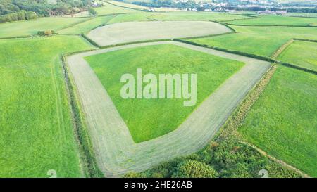 Aerial image looking over fields to the village of Llanon, showing the ...