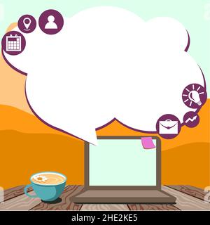 Laptop Resting On A Table Beside Coffee Mug And Plant Stock Vector ...