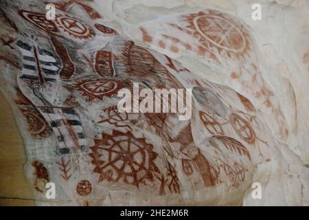 Rock texture with old pictograms - ancient historical wall Stock Photo ...