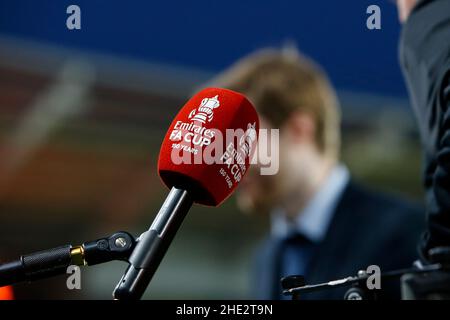 An Emirates FA Cup branded microphone in Hull, United Kingdom on 1/8 ...