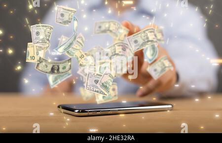 Businessman tapping on a floating network of communication icons Stock Photo - Alamy