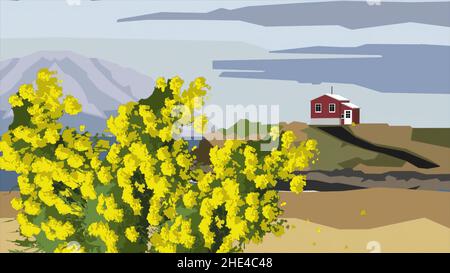 Cartoon animation of branches of mimosas in bloom, silhouettes of red ...